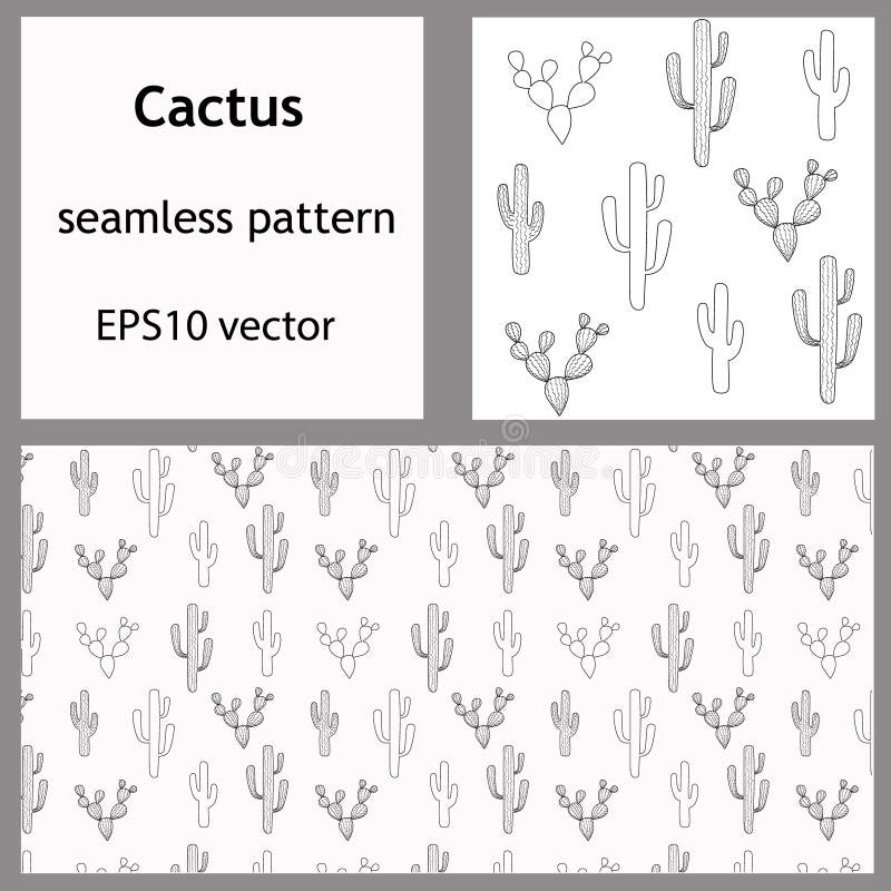 Cacti Seamless Pattern and Rectangular Backdrop. Outline Doodle Hand ...