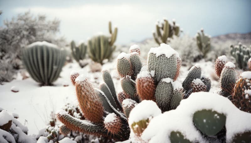 Cacti Under the Snow after a Heavy Snowfall. Generative AI Stock ...