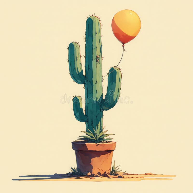 Cactus and Balloon on a Beige Background, High Contrast, Minimalistic ...