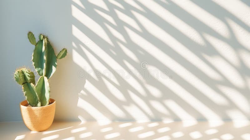 Cactus Bathed in Sunlight Creates Intricate Shadow Patterns on the Wall ...