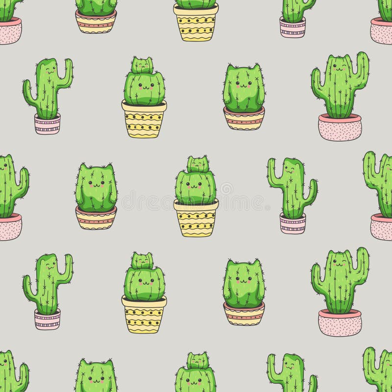 Set of Cute Cartoon Cat Cactus. Stock Vector - Illustration of happy ...