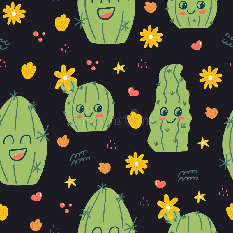 Seamless Pattern with Cute Hand-Drawn Cactus Characters and Flowers ...