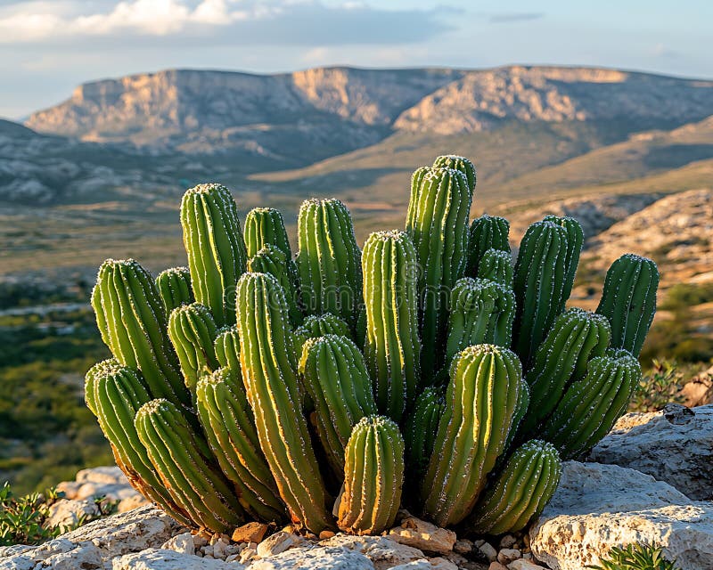 Cactus Cluster, Mountain Backdrop, Sunset Stock Image - Image of ...