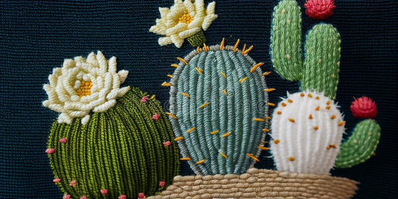 Cactus Embroidery on Canvas Yarn Generative AI Stock Illustration ...