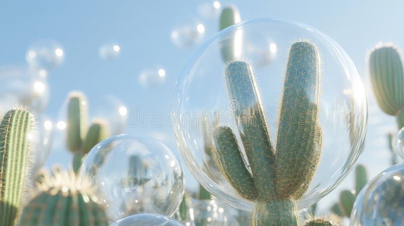 Cactus Enclosed in Transparent Bubbles with a Sunny Sky Stock Image ...