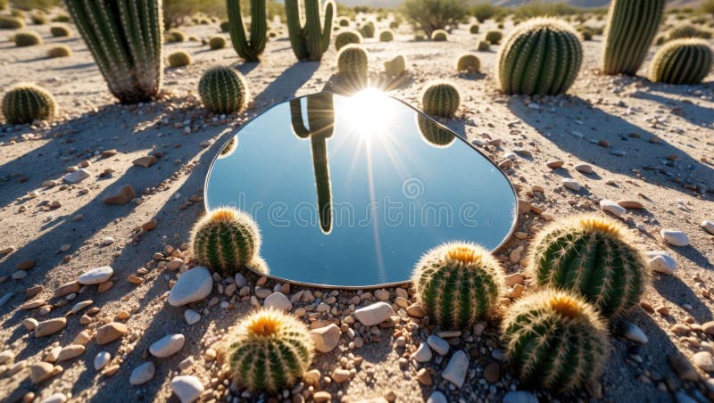 Reflective Mirror in a Desert Cactus Garden at Sunset Stock ...