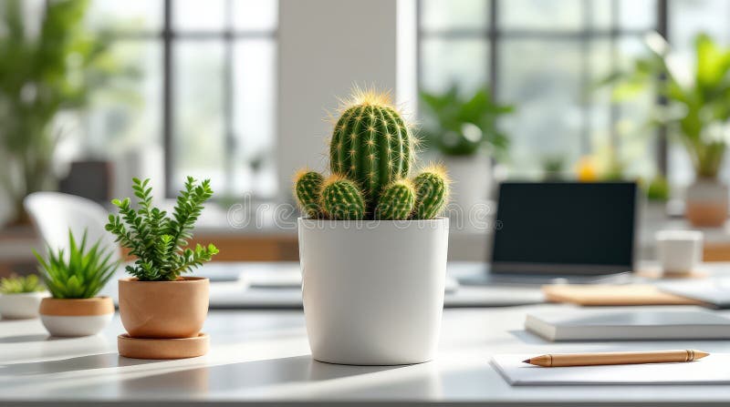 Cactus and Greenery Decorate Modern Workspace with Natural Light in the ...