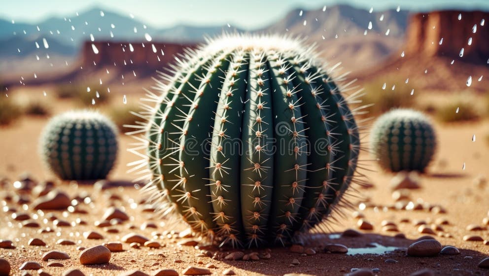 Globose Cactus in Desert Landscape Under Rain Stock Illustration ...