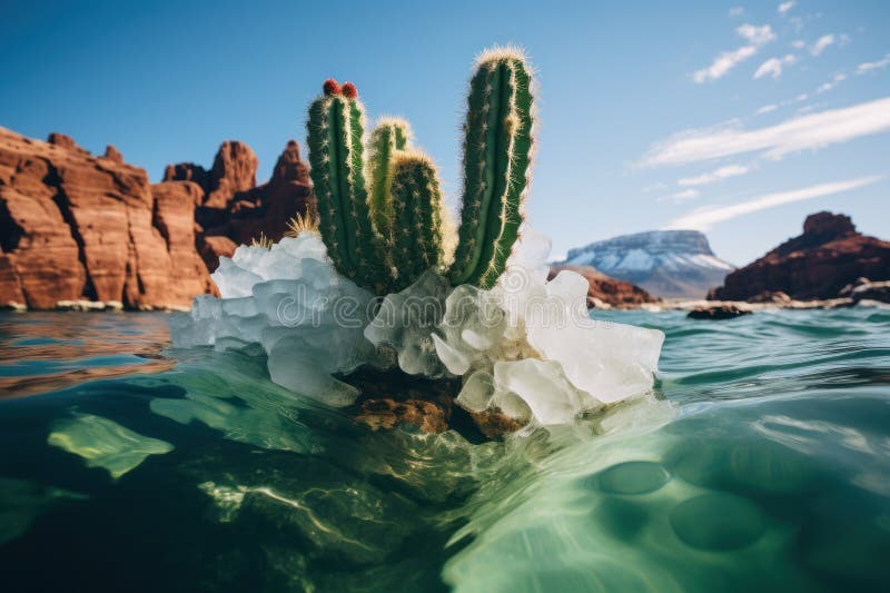 A Cactus Growing on Ice in Water Stock Illustration - Illustration of ...