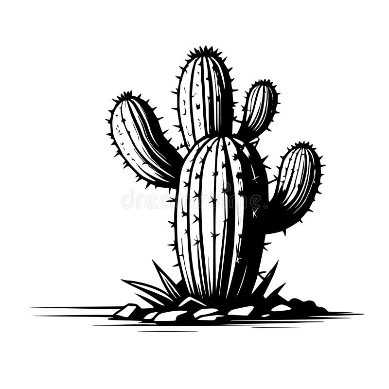 Cactus with Leaves and Thorns, Line Drawing. Hand Drawn Stock ...