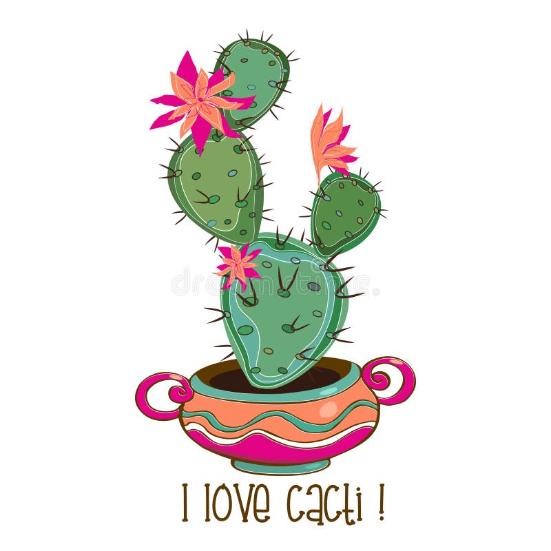 Cactus in a Nice Clay Pot. Inscription. I Love Cacti Stock Illustration ...