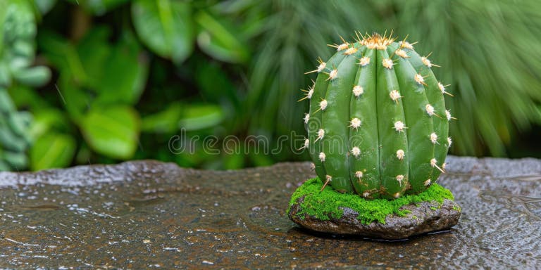 Cactus Plant Growing on Moss-covered Rock Stock Illustration ...
