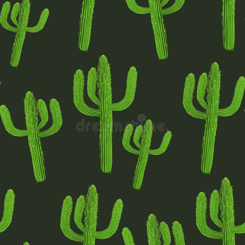 Cactus Realistic Seamless Vector Pattern on Dark Background. Stock ...