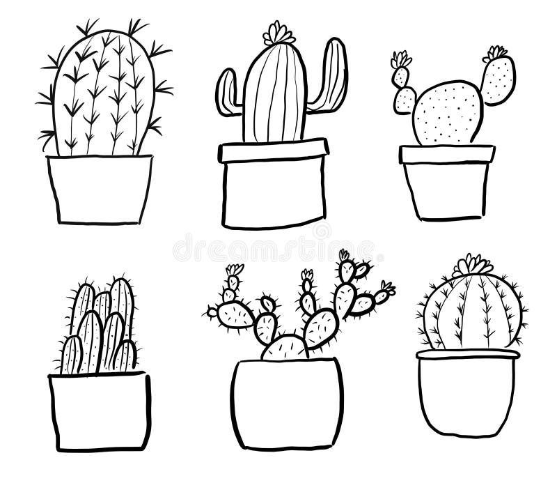 Cactus Set Hand Drawn in a Pot Stock Illustration - Illustration of ...