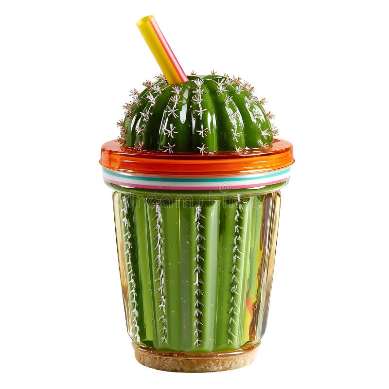 A Novelty Cactus Shaped Cup with a Yellow Straw Against a White ...