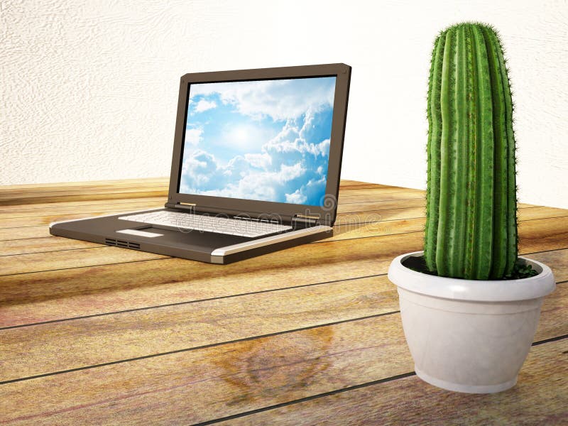 Cactus Stands Near a Laptop Stock Illustration - Illustration of global ...