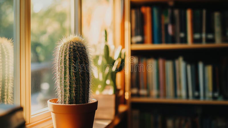 Cactus in a Sunlit Library Window with Bookshelf in Soft Focus ...