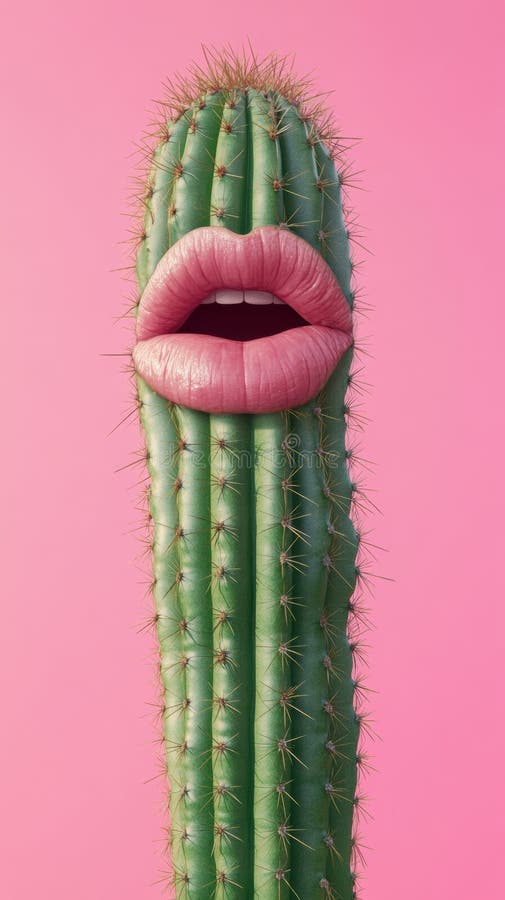 Cactus Surrealism with Human Lips on Pink Background Stock Photo ...