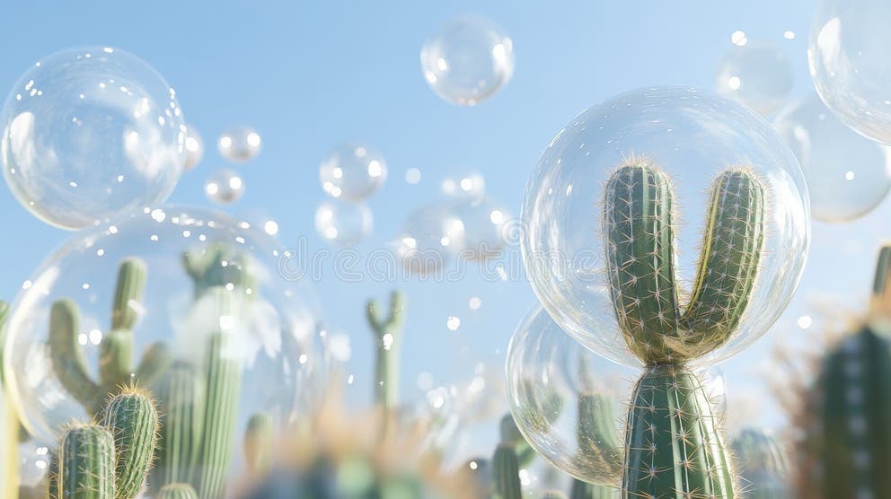 Cactus in Transparent Bubbles Under a Clear Blue Sky Stock Photo ...