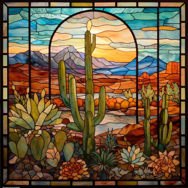 Cactus Valley Stained Glass Mural by Bill Alyson Stock Illustration ...