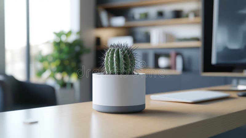 A Cactus in a White Pot on a Wooden Desk Stock Illustration ...