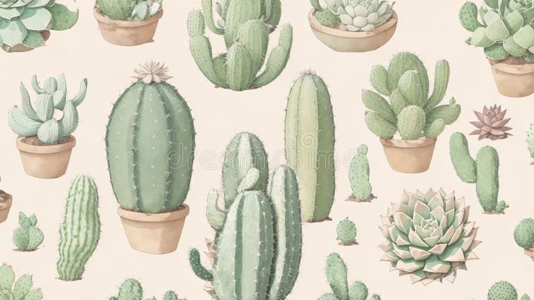 Cactuses in Pots Seamless Pattern, Vintage Hand Drawn Illustration Stock Illustration ...