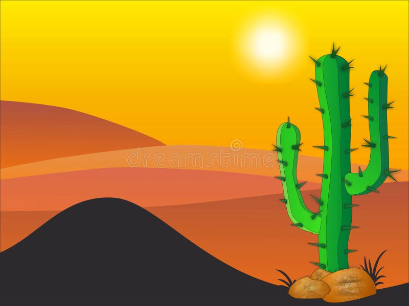 Illustratie Van Woestijn Met Cactus Op Een Achtergrond Van Bergen ...