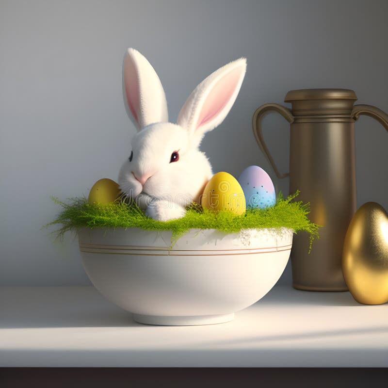 White Rabbit with Painted Easter Eggs Ceramic Bowl Stock Illustration ...