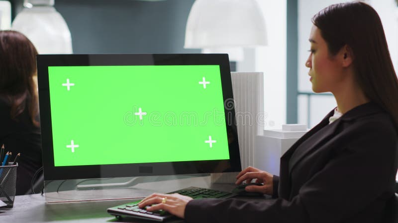 Cad Designer Using PC with Greenscreen at Workstation Area Stock Video ...