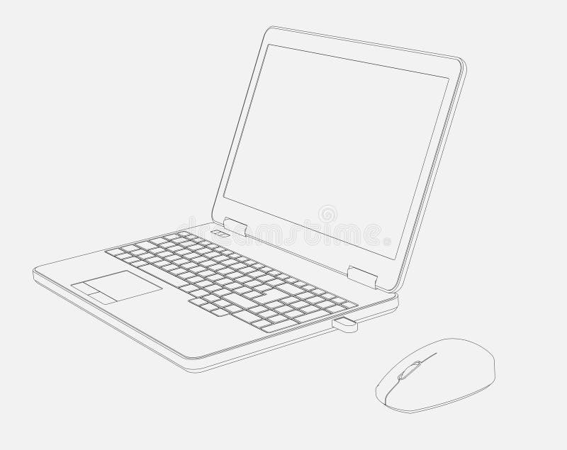 CAD Drawing of Laptop Computer with Mouse Stock Illustration ...