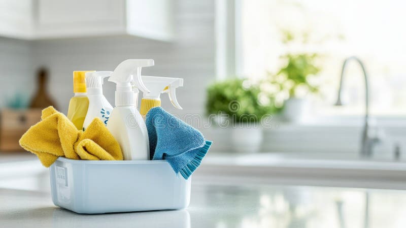 A Caddy Filled with Cleaning Supplies on a Bright Kitchen Counter Ready ...