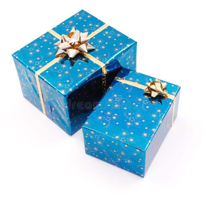 Cadeaux bleus sur le blanc photo stock. Image du cadeau - 22374070