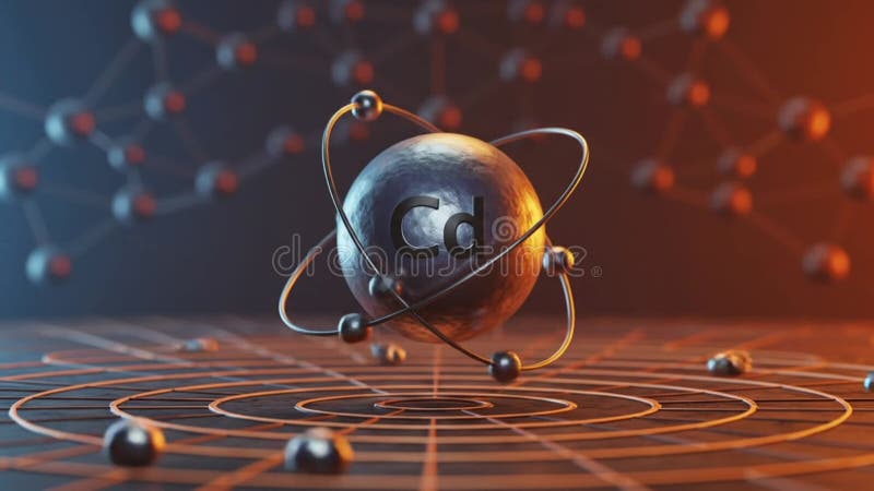 Cadmium Atom Model Rotating Above Grid with Molecular Network ...