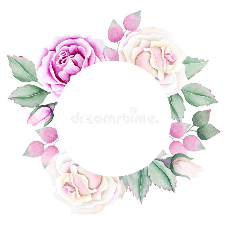 Cadre Rond Avec Des Roses D'aquarelle Illustration Stock - Illustration ...