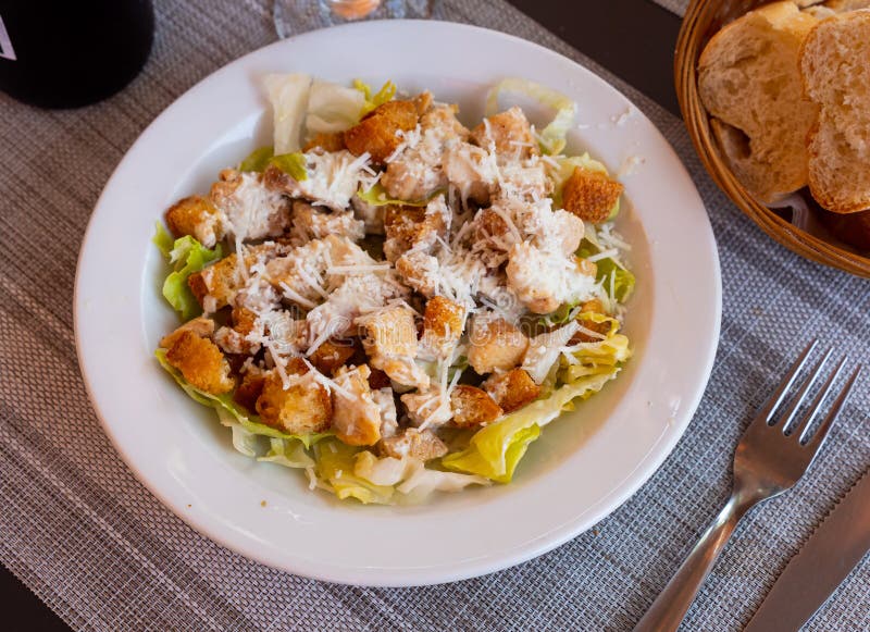 Caesar Salad with Chicken on Circular Plate Stock Image - Image of ...