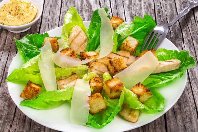 Caesar Salad with Grilled Chicken on White Plate Stock Image - Image of ...