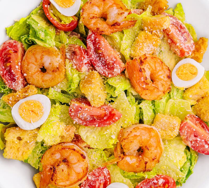 Caesar Salad with Grilled Shrimp and Parmesan Cheese Stock Photo ...