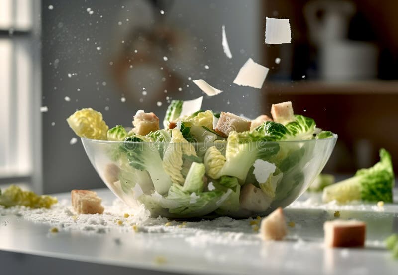 Caesar Salad Ingredients Falling into Bowl Stock Illustration ...