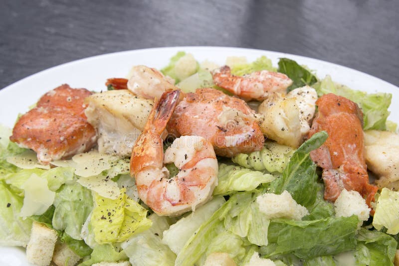 Caesar Salad with Prawns Salmon and White Fish Macro Stock Photo ...