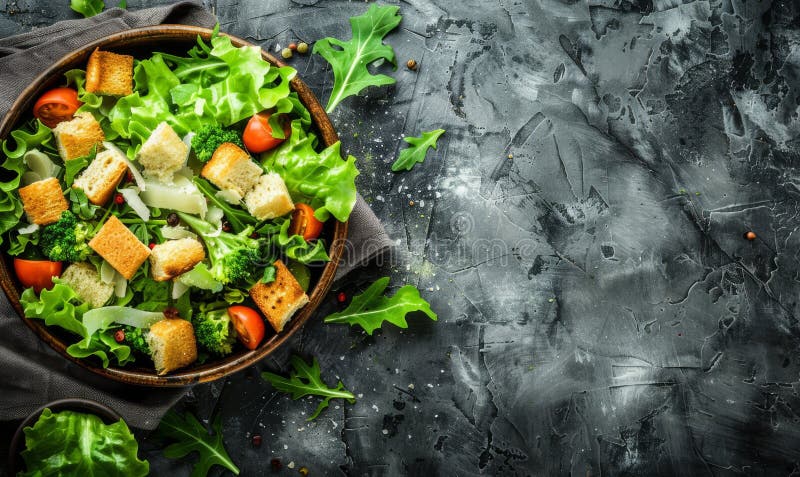 Caesar Salad on Rustic Background with Copyspace, Healthy Meal Concept ...