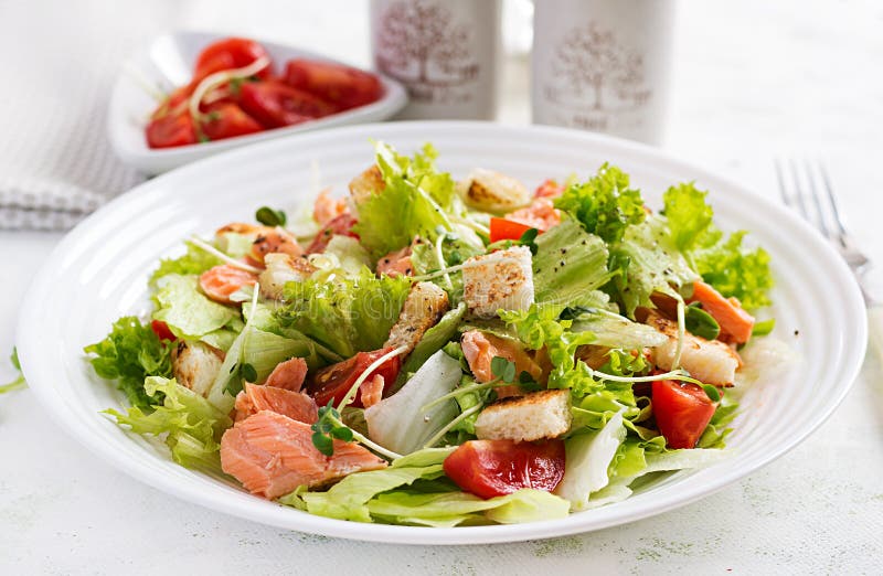 Caesar Salad with Salmon. Fish Menu. Seafood - SalmonCaesar Salad with ...