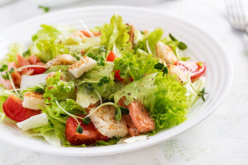 Caesar Salad with Salmon. Fish Menu. Seafood - SalmonCaesar Salad with ...