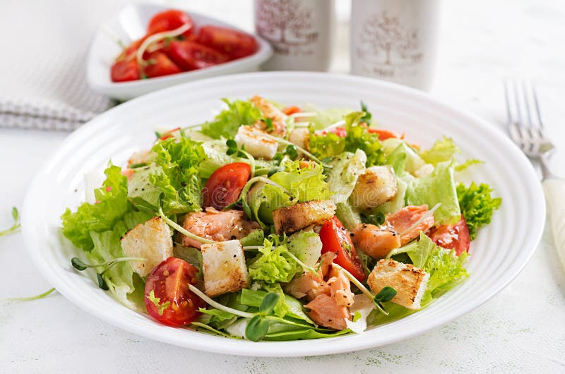 Caesar Salad with Salmon. Fish Menu. Seafood - SalmonCaesar Salad with ...