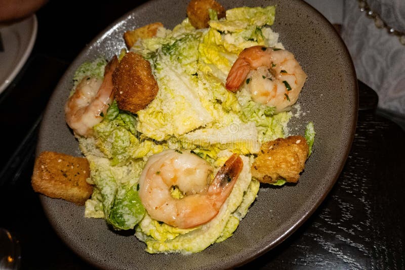 Caesar Salad with Shrimp on Top and Large Crispy Croutons Stock Image ...
