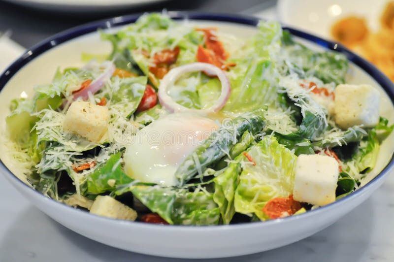 Caesar Salad or Vegetable Salad with Bacon and Soft Boiled Egg , Bread ...