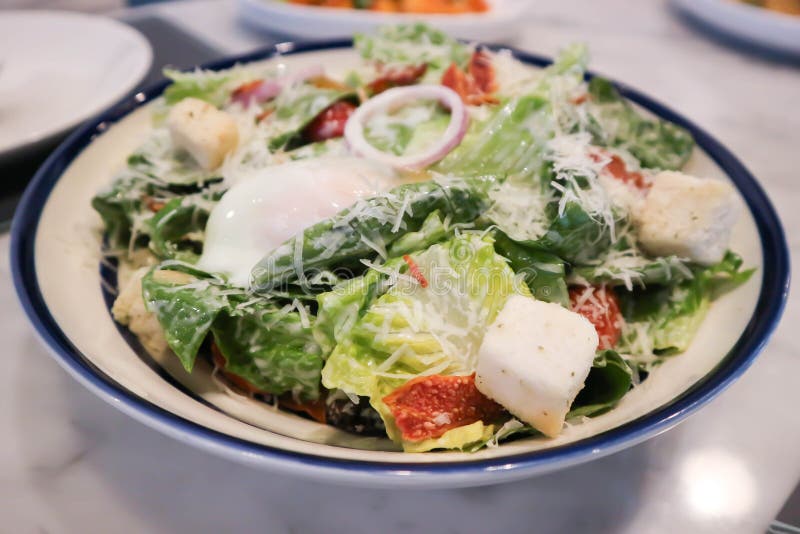 Caesar Salad or Vegetable Salad with Bacon and Soft Boiled Egg , Bread ...