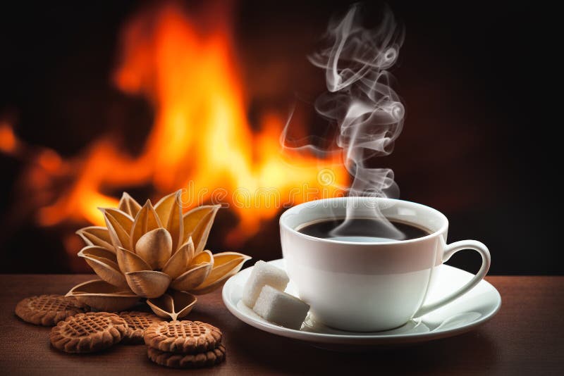 Café Caliente Cerca De La Chimenea Imagen de archivo - Imagen de taza ...