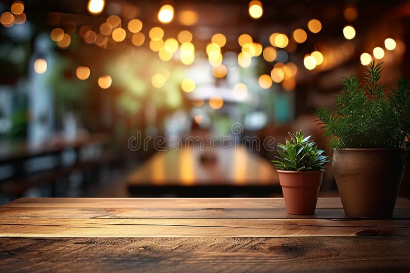 Cafe Atmosphere Wood Table on Blur of Restaurant Lights Stock ...