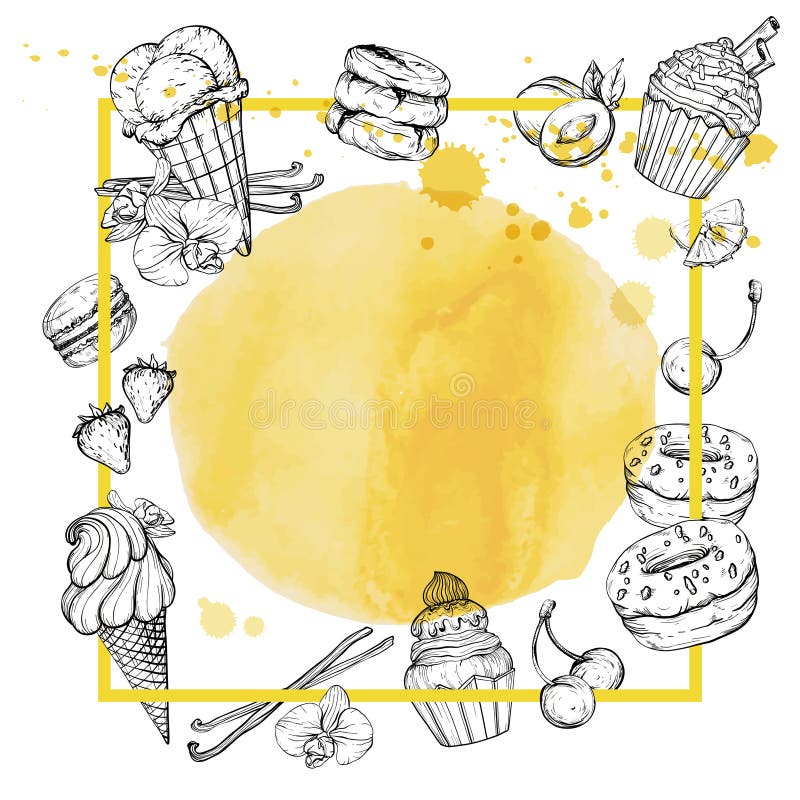 Cafe, Bar Banner, Dessert Watercolor Background Stock Vector ...