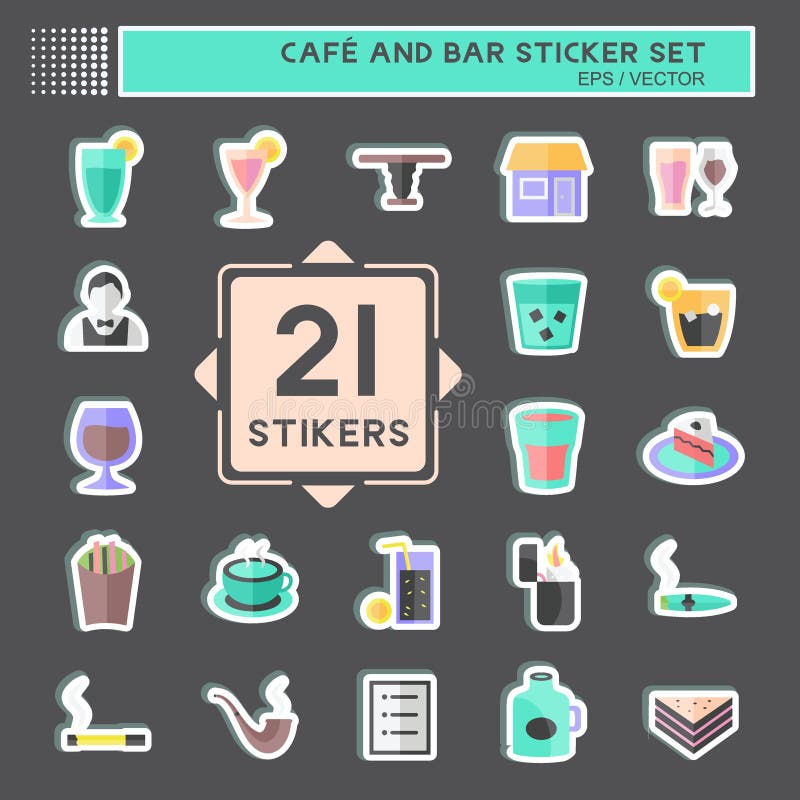 Cafe and Bar Icon Set Sticker in Trendy Isolated on Black Background ...